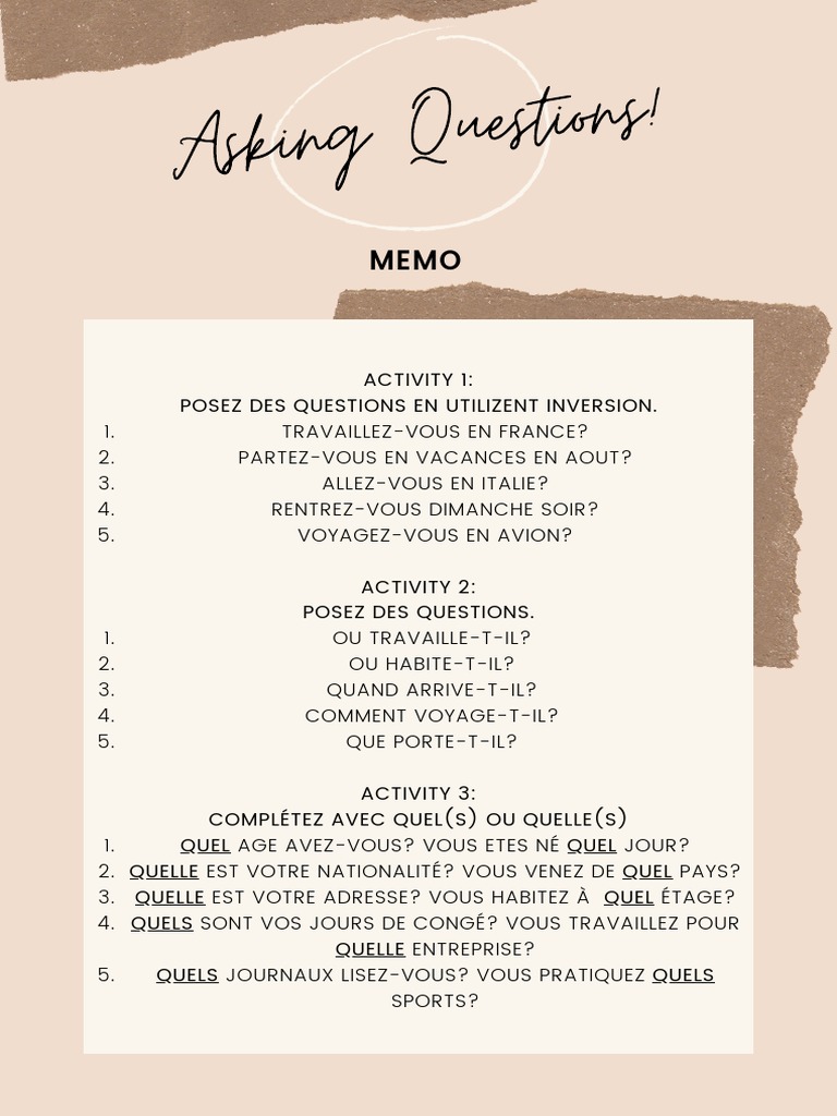 Questions et Activités en Français | PDF | Voyages | Arts du langage et ...