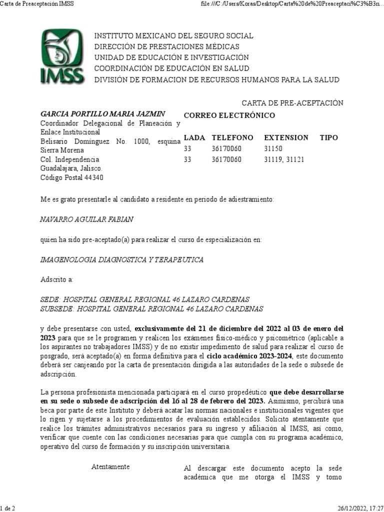 Carta de PreaceptaciÃ N IMSS 100 | PDF | Hospital