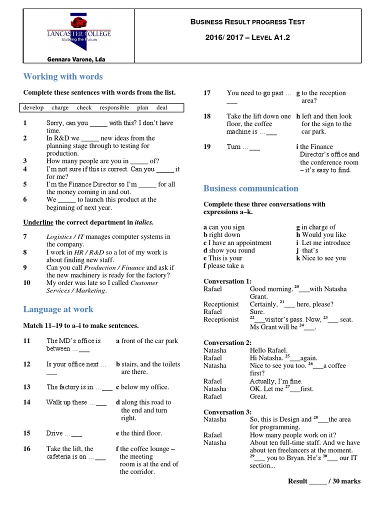 Business Result Progress Test A1.2 | PDF