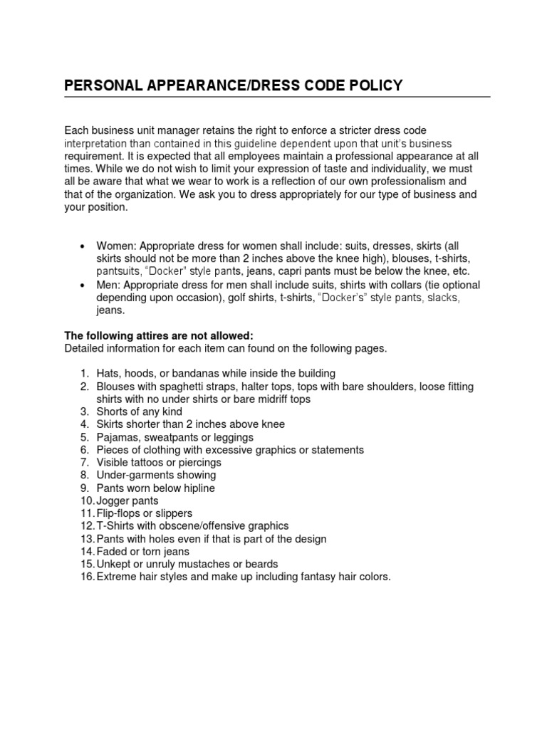 01 Dress Code Policy - Revised 4-3-19 | PDF | Dress | Trousers