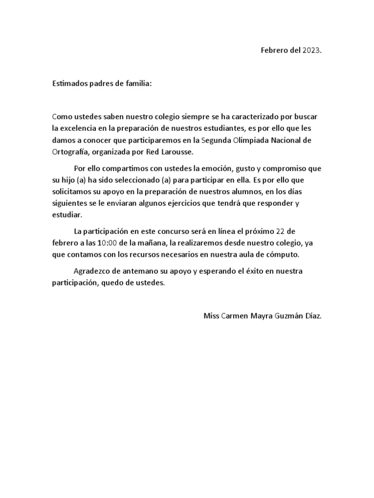 Carta para Padres de Familia | PDF