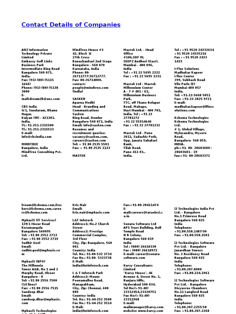 Contact Details of Companies 124 | PDF | Bangalore | Telecommunications