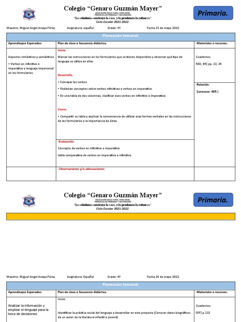 Planeacion Cuarto Grado Semana 23 Al 27 de Mayo | PDF | Educación ...