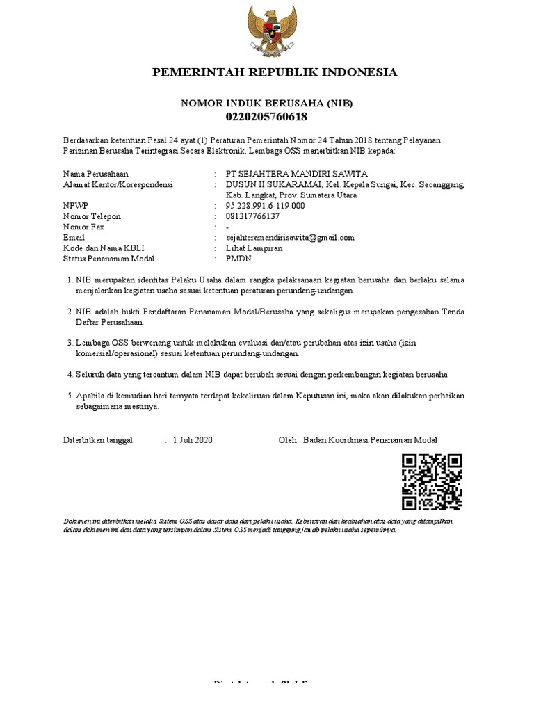 Nomor Induk Berusaha Nib 1 | PDF