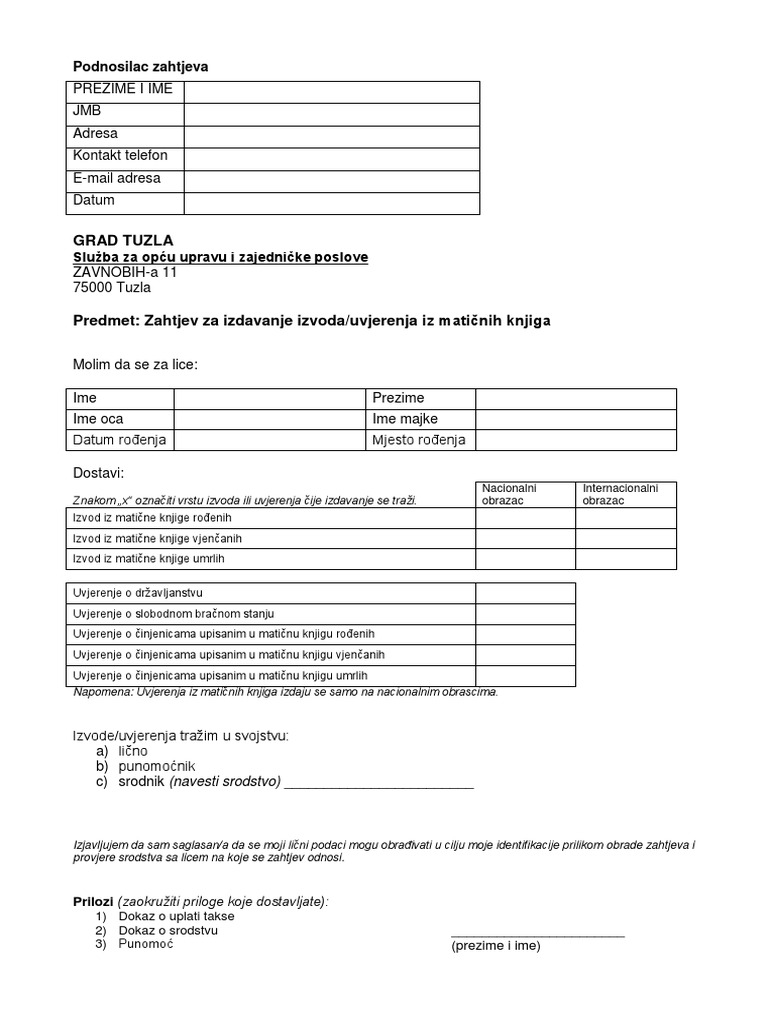 Zahtjev Za Izdavanje Izvoda - Uvjerenja Iz Maticnih Knjiga | PDF