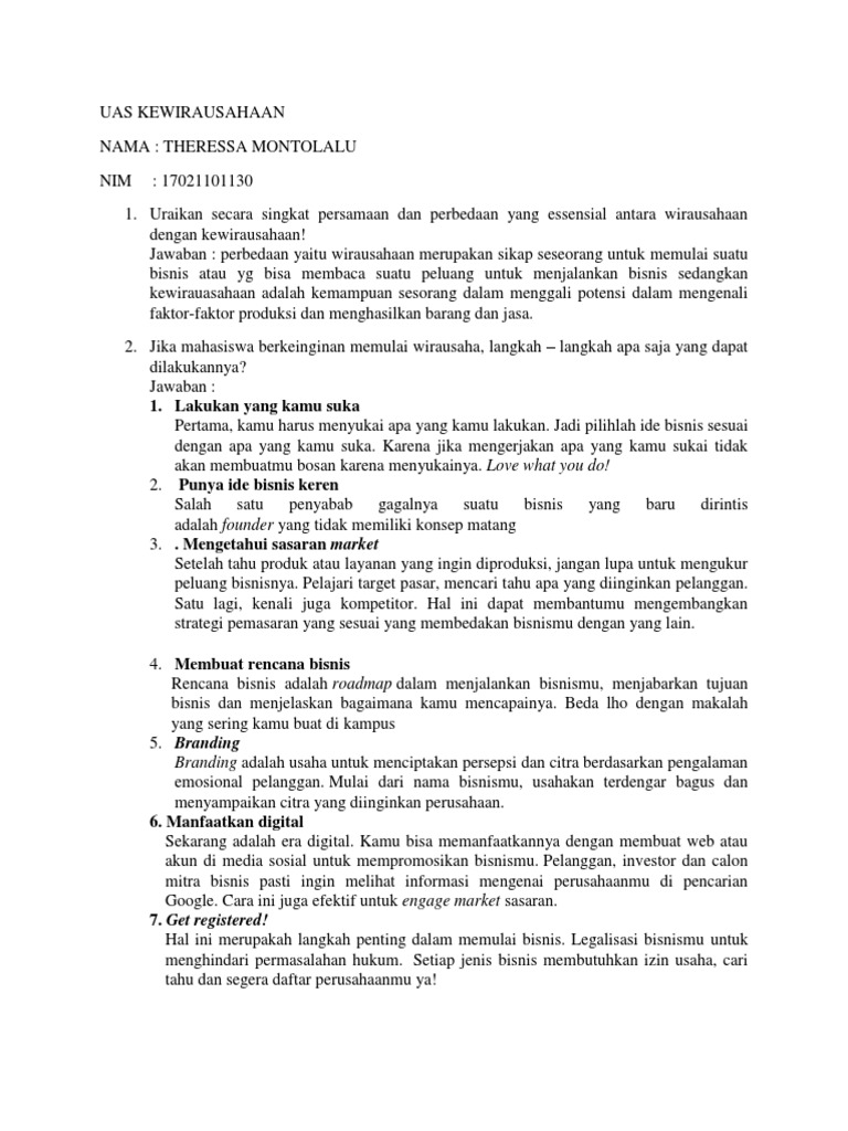 Theressa Montolalu (17021101130) - Uas Kewirausahaan | PDF | Karier ...