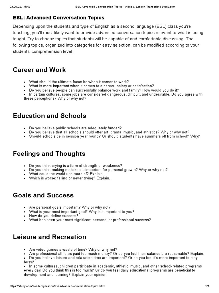 ESL Advanced Conversation Topics - Video & Lesson Transcript | Download ...