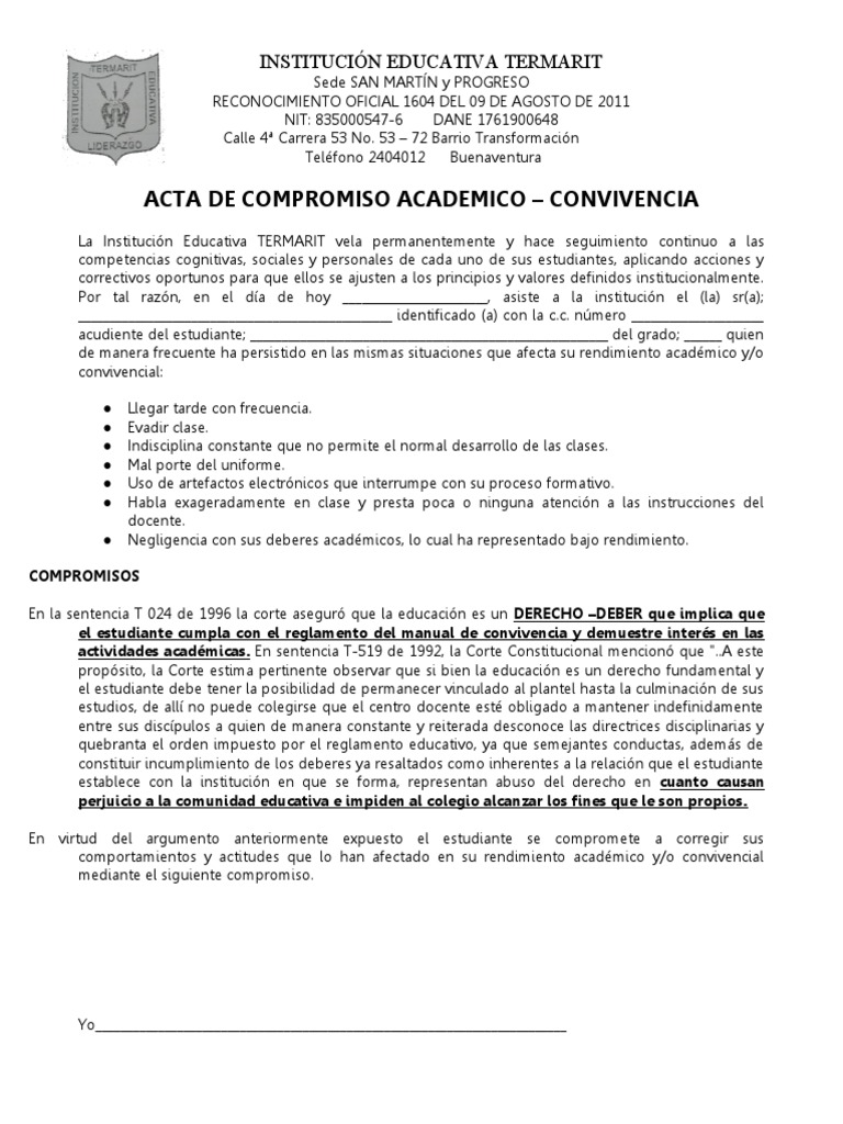 Acta de Compromiso Academico Disciplinario | PDF