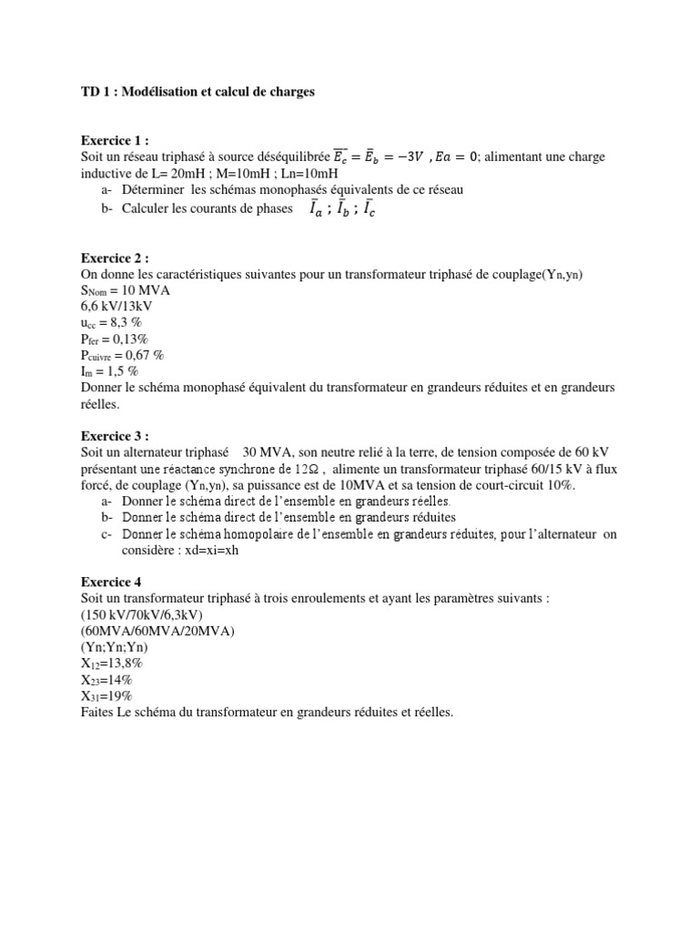 TD 1 - Modélisation Et Calcul de Charges | PDF | Transformateur électrique | Tension électrique