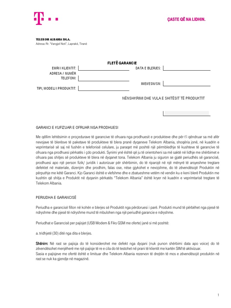 1 Mujore Telekom Formulari I Garancise Modem Fix | PDF
