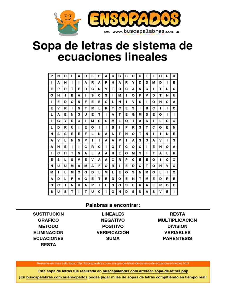 Sopa de Letras de Sistema de Ecuaciones Lineales | PDF | Matemáticas ...