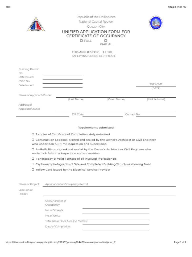 Unified Ocuupancy Permit Form | PDF