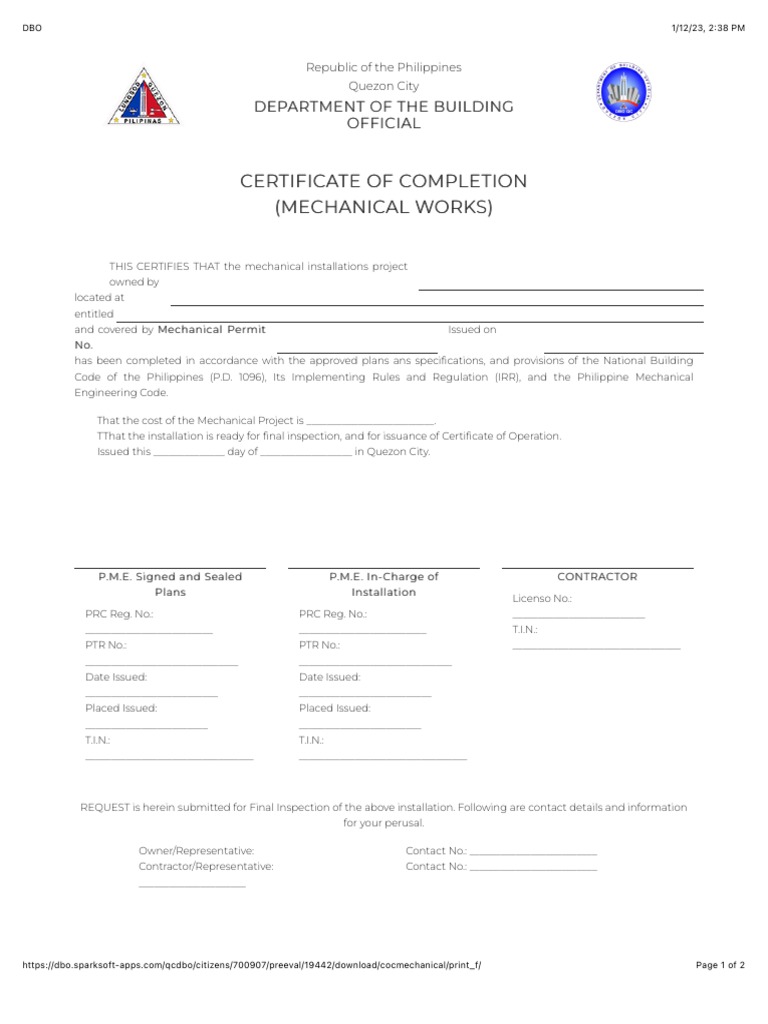 Mechanical Completion Form | PDF