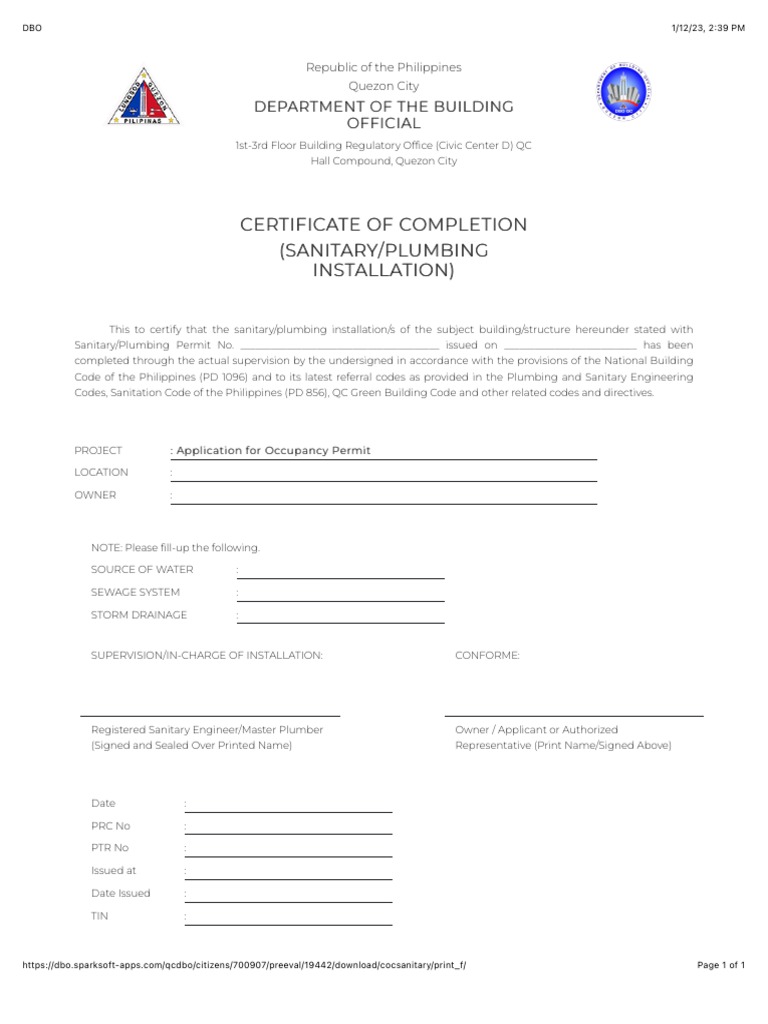 Sanitary Competion Form | PDF