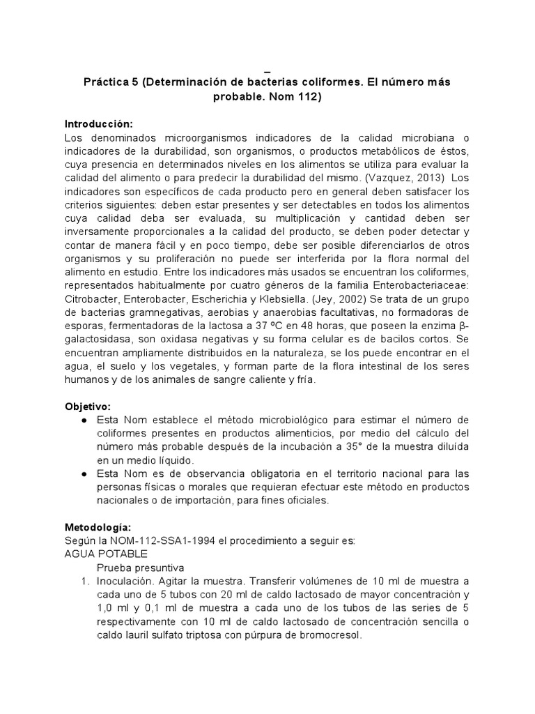 Práctica 5 (Determinación de Bacterias Coliformes | PDF