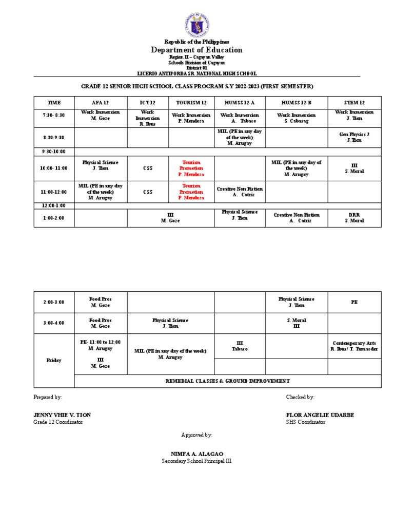 Grade 12 Class Schedule 2022-2023 | PDF
