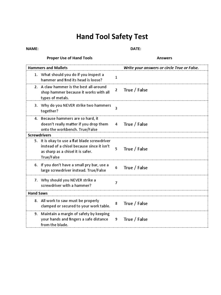 Hand Tool Safety Test | PDF | Hammer | Tools
