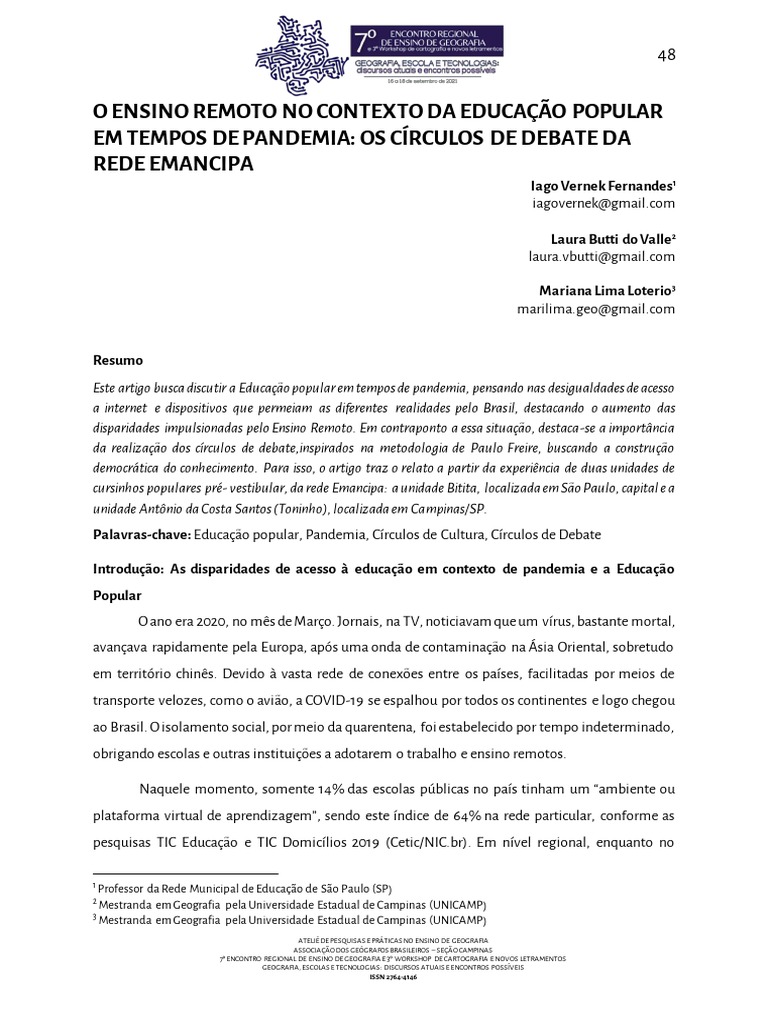 Artigo O Ensino Remoto No Contexto Da Educação Popular | PDF ...