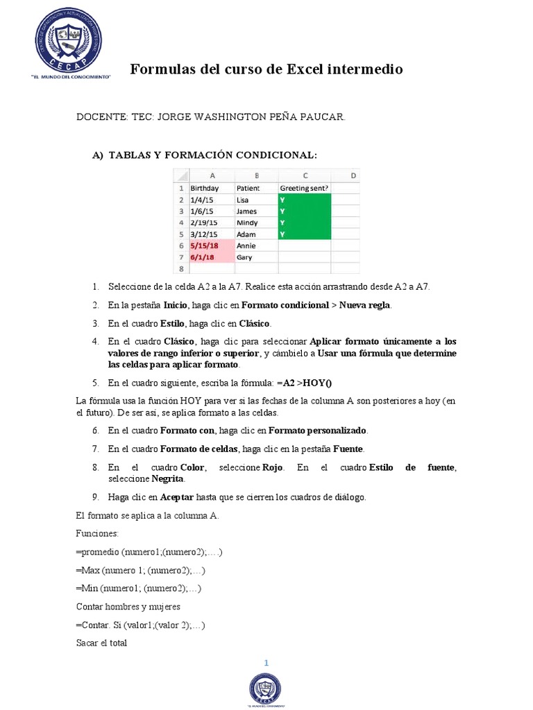 Formulas Del Curso de Excel Intermedio | PDF | Microsoft Excel ...