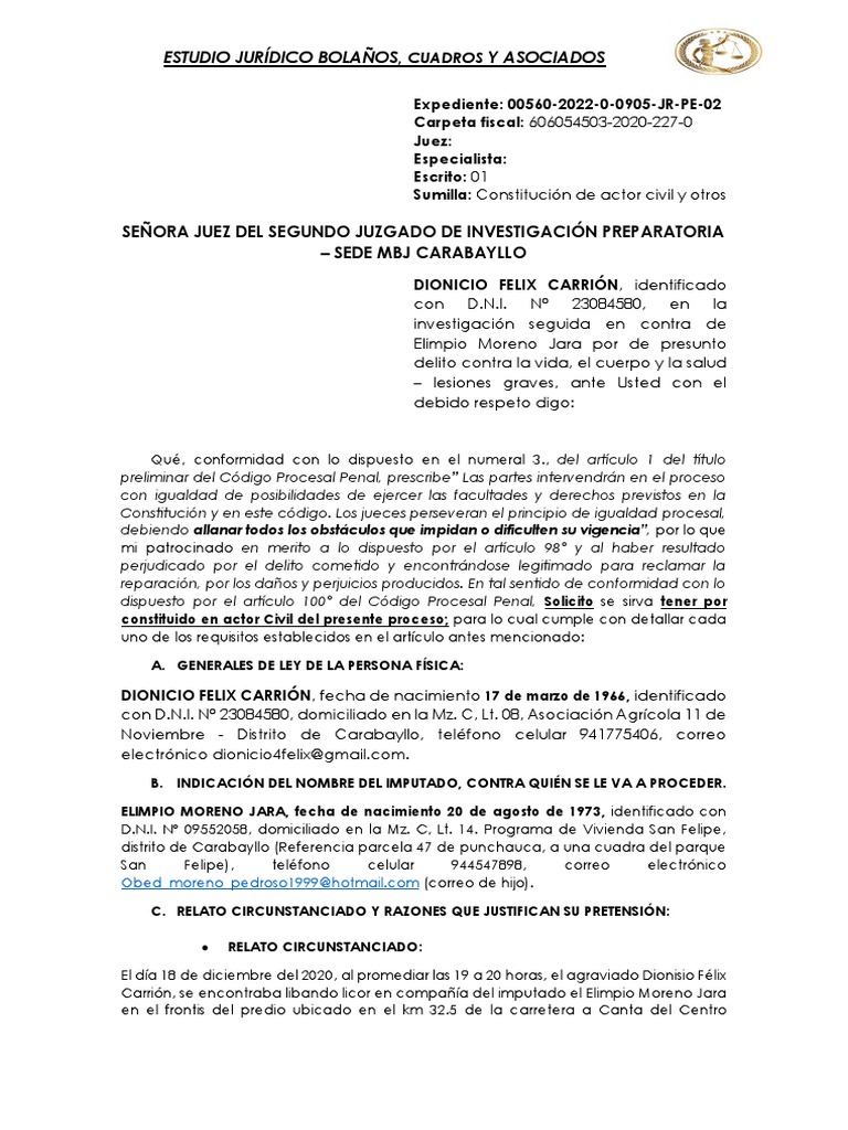 Escrito de Constitución de Actor Civil Caso Dionicio | PDF | Ley procesal | Derecho penal