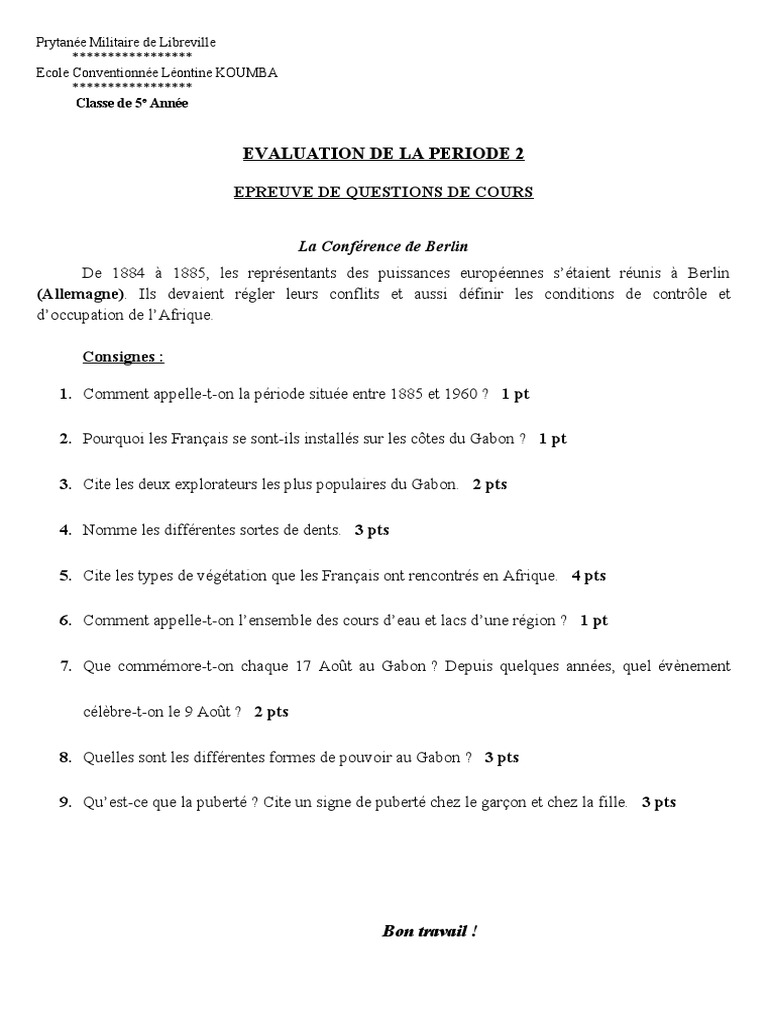 Prytanée Militaire de Libreville Questions de Cours | PDF