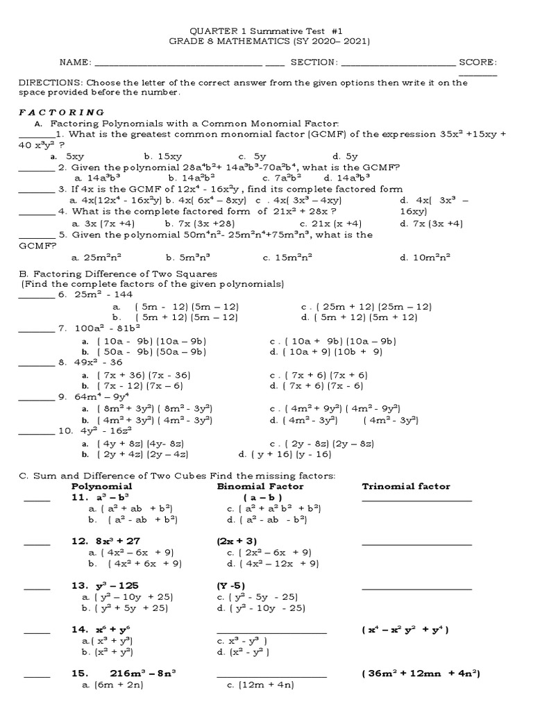 Q1. Math8.Summative Test 1 | PDF | Factorization | Abstract Algebra