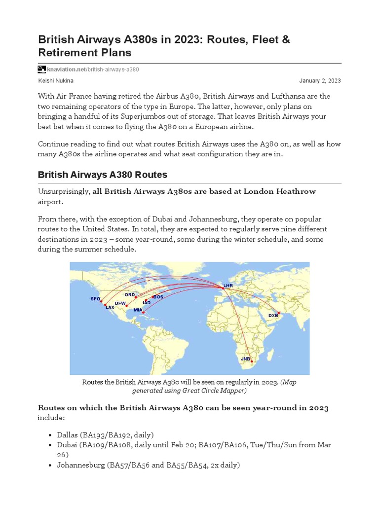 British Airways A380s in 2023 - Routes, Fleet & Retirement Plans | PDF ...
