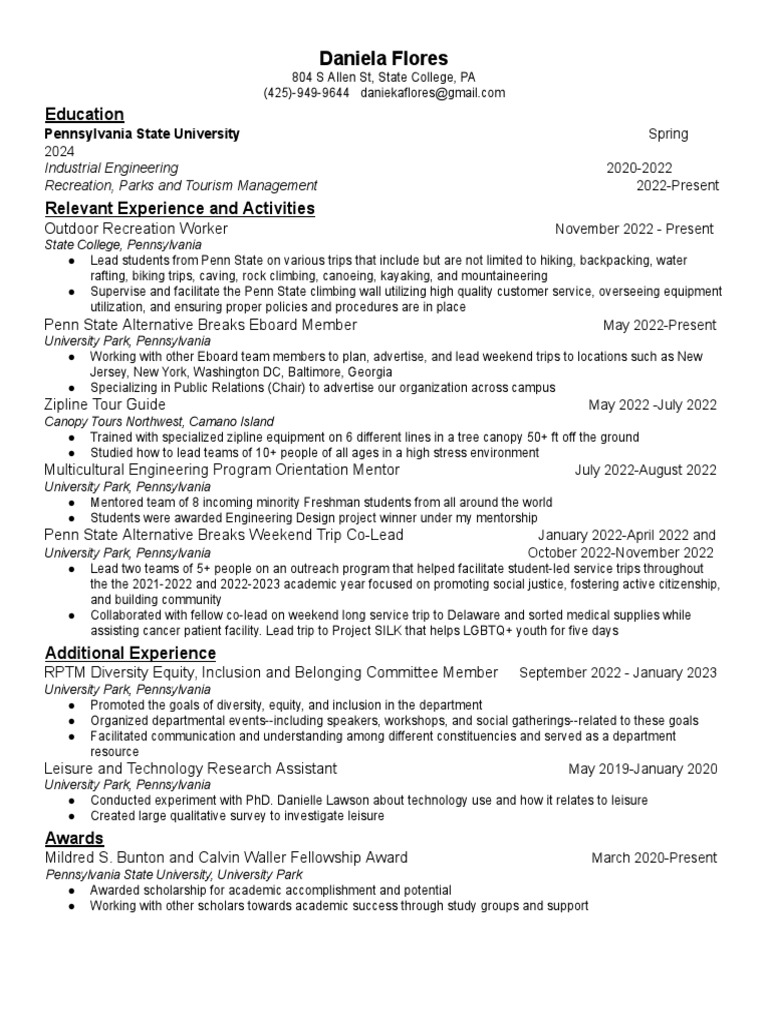 Resume Daniela Flores-2 | PDF | Outdoor Recreation