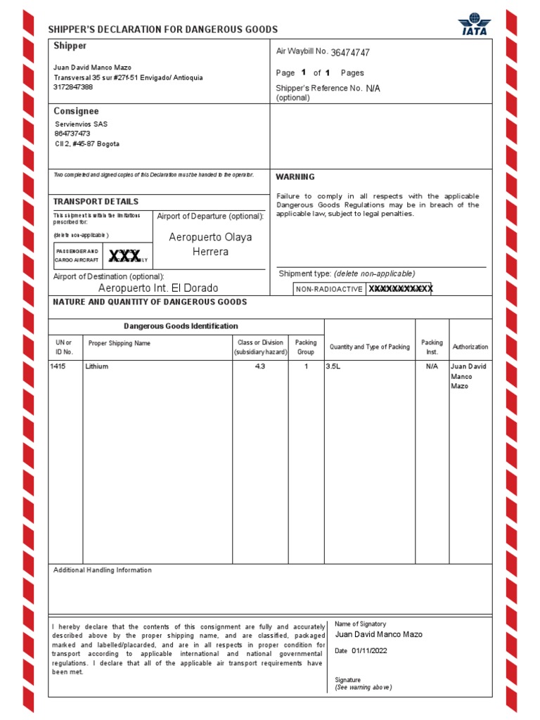 Shippers Declaration Column Format Fillable | PDF