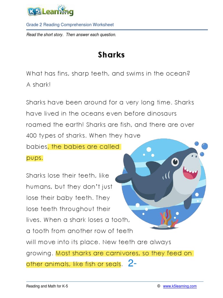 Reading Comprehension Worksheet and Kid's Fable - Sharks | PDF ...
