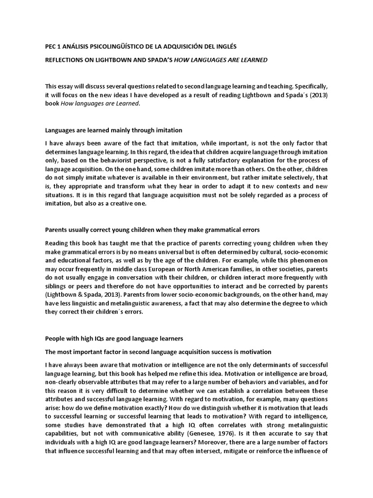 Essay On "How Languages Are Learned" (Lightbown &spada, 2013) | PDF | Second Language ...