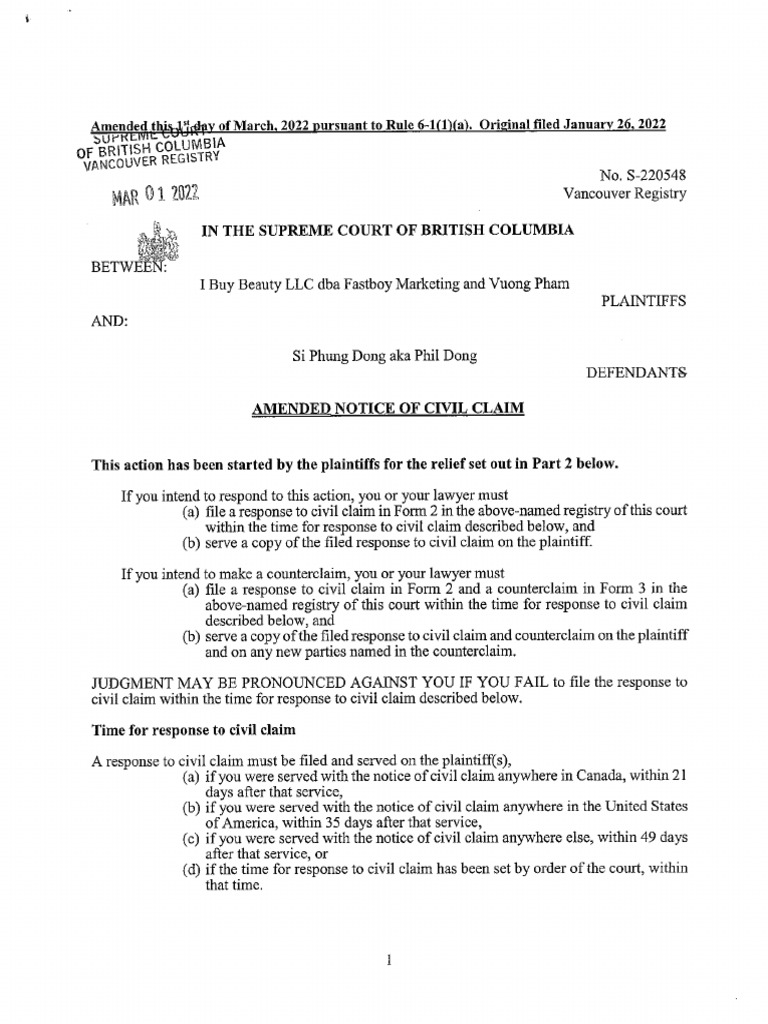 Notice of Civil Claim (1) Amended | PDF