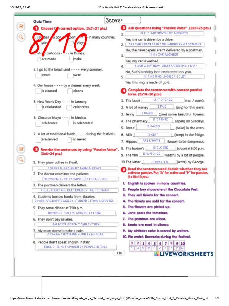 10th Grade Unit 7 Passive Voice Quiz Worksheet | PDF