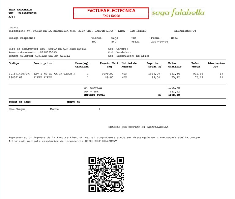 Factura Electrónica de Compra en Saga Falabella | PDF