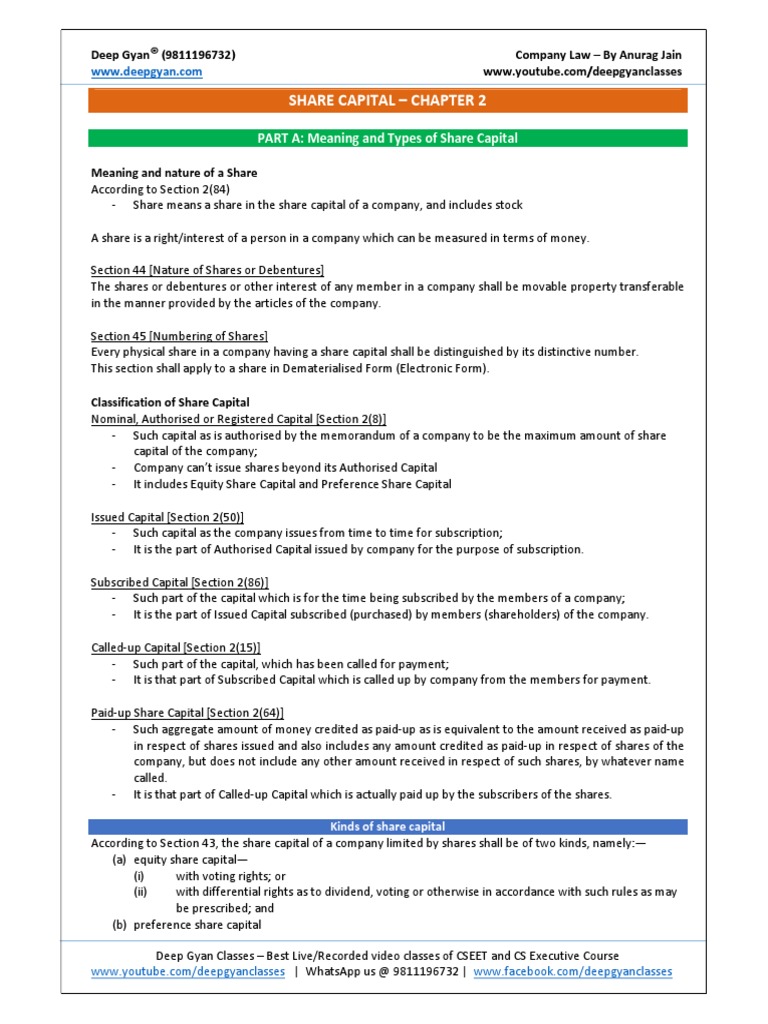 CS Executive Company Law Notes Chapter 2 Part A | PDF | Preferred Stock ...