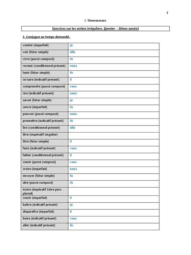 Exercices Sur Les Verbes Irréguliers - 3ASO - Janvier 2023 | PDF ...