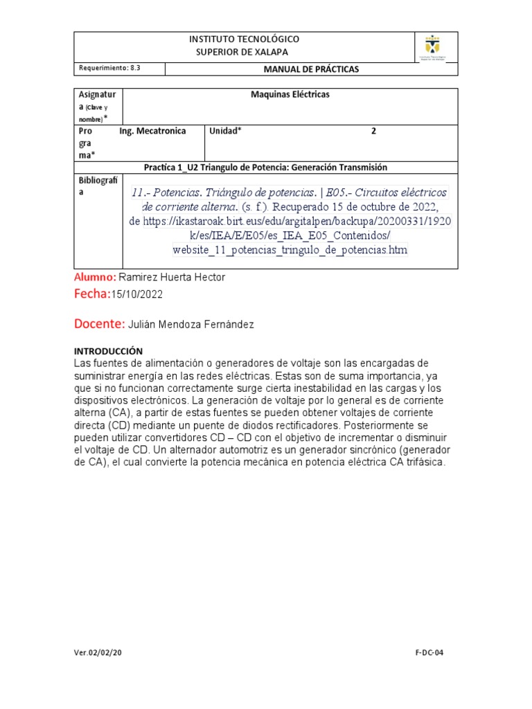 Practica 1 - U2 Triangulo de Potencias Generacion Transmision | PDF | Generador eléctrico ...