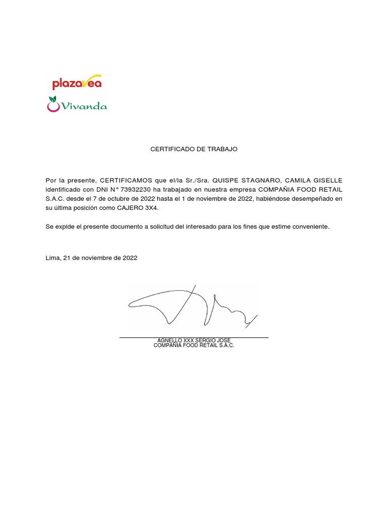 Certificado Trabajo | PDF