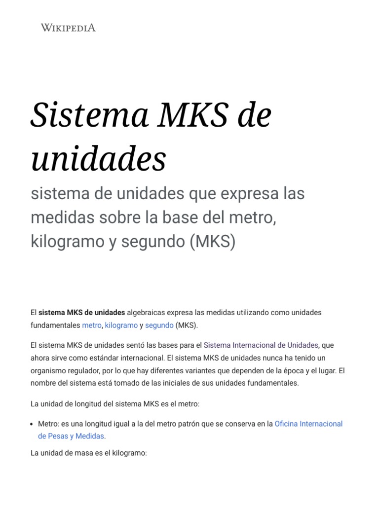 Sistema MKS de Unidades - Wikipedia, La Enciclopedia Libre | PDF Sistema MKS de Unidades - Wikipedia, La Enciclopedia Libre | PDF