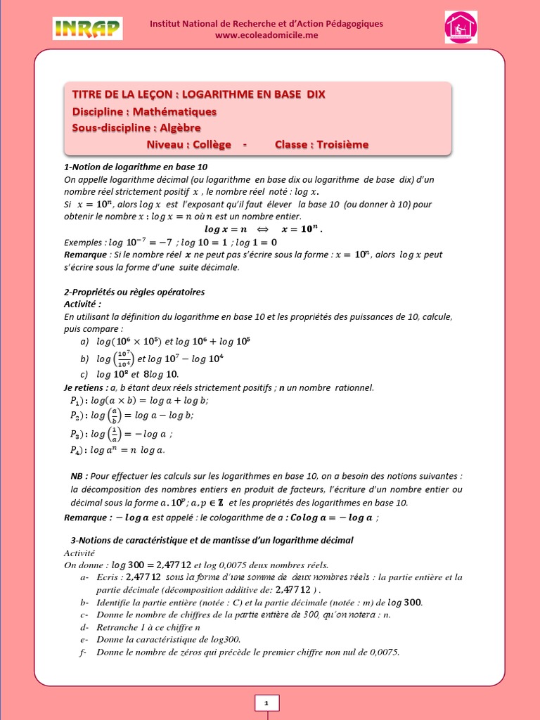 Logarithme en base 10 : Cours et exercices | PDF | Logarithme | Entier relatif