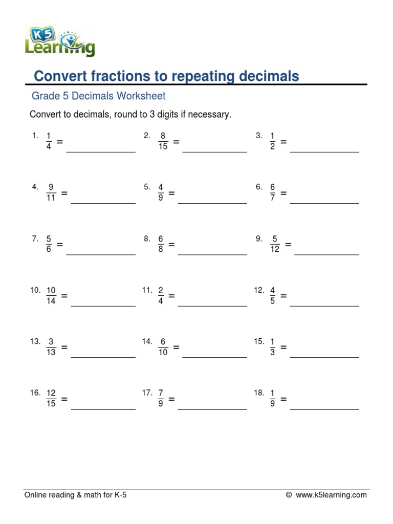 Grade 5 Fractions To Decimals Repeating F | PDF | Decimal | Lexicology