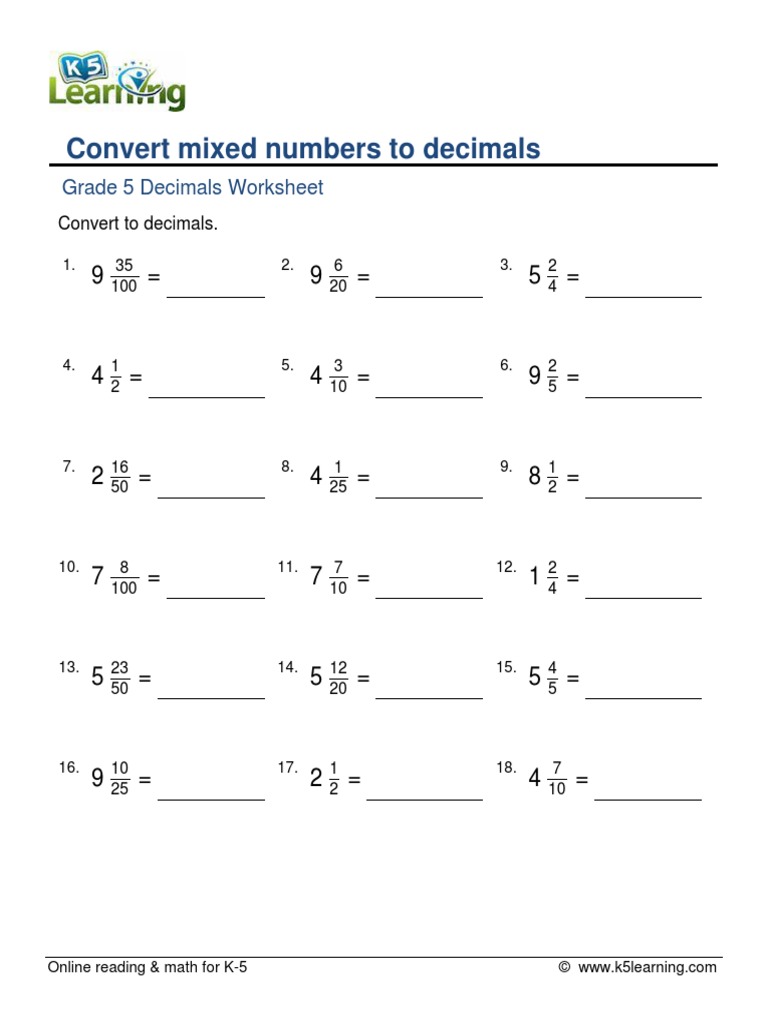 Grade 5 Fractions To Decimals Various Denominators F | PDF | Abstract ...