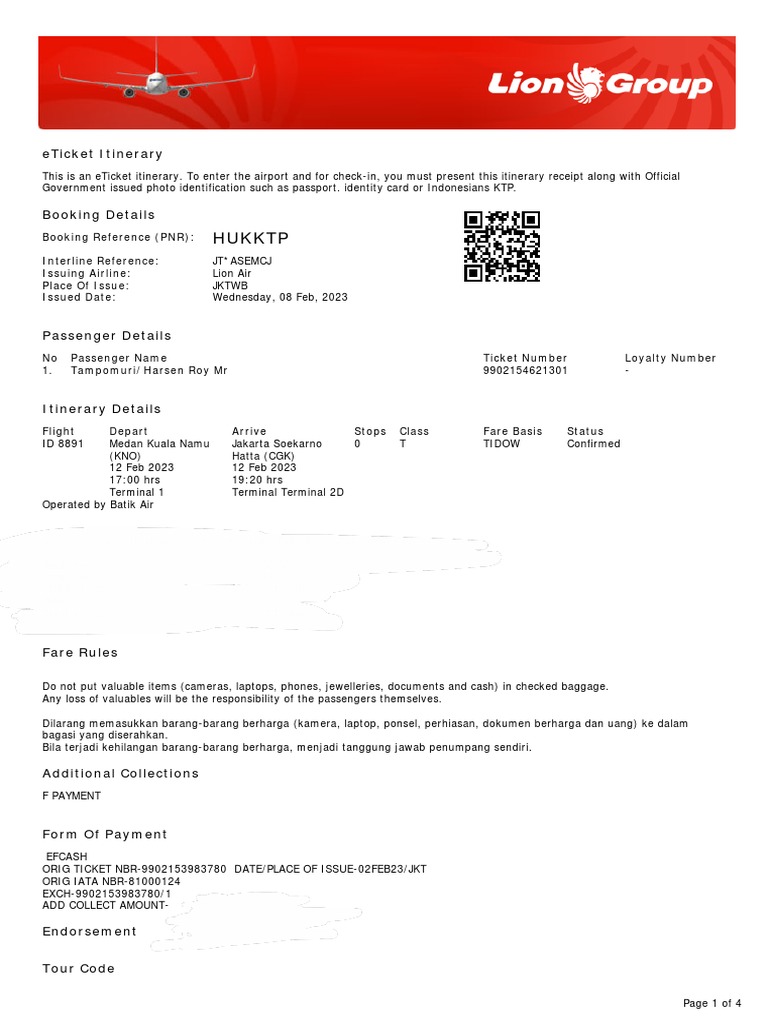 Lion Air Ticket Itinerary: Medan to Batam | PDF | Civil Aviation ...