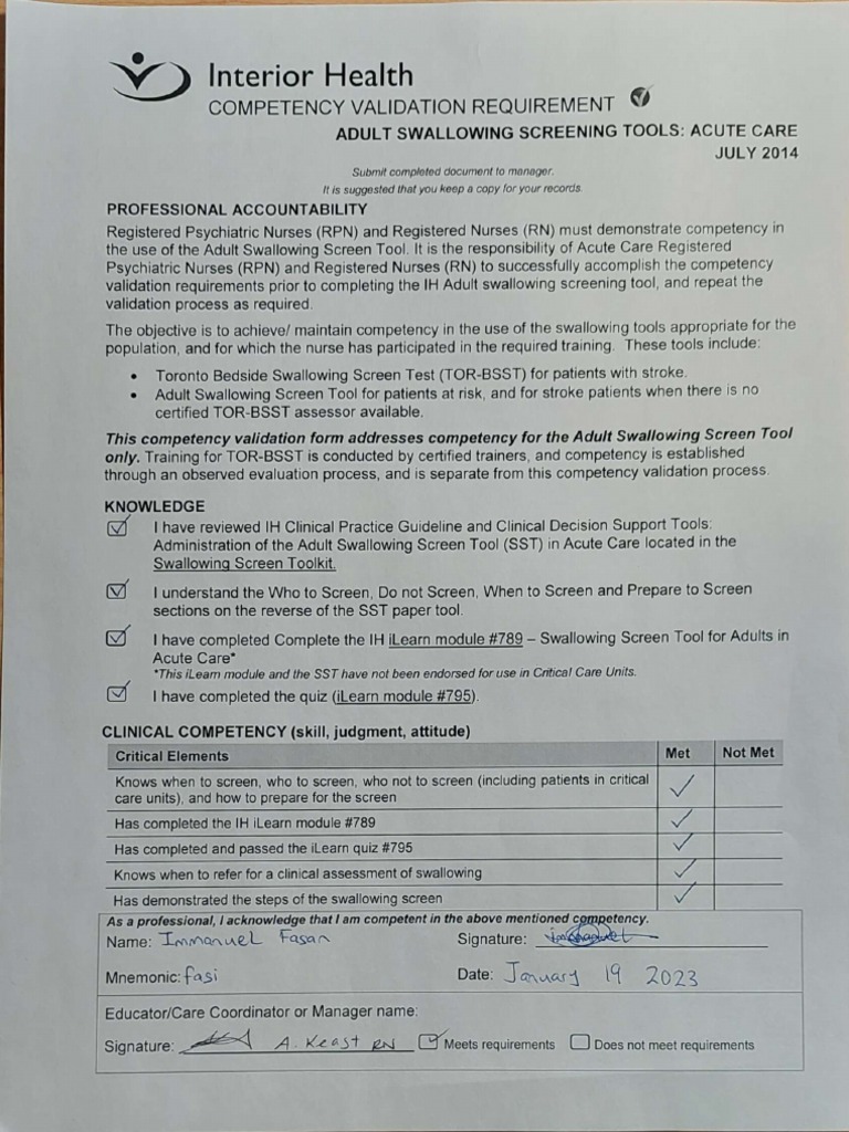 Swallowing Screen Competency | PDF