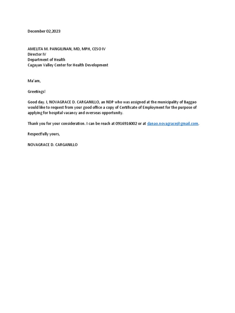 Hrh-Carganillo, Novagrace Coe Request Letter | PDF