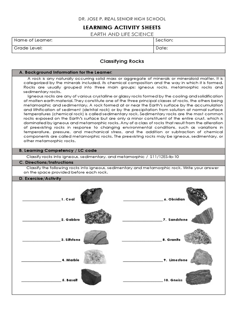 Classifying Rocks Activity Sheet | PDF | Rock (Geology) | Sedimentary Rock