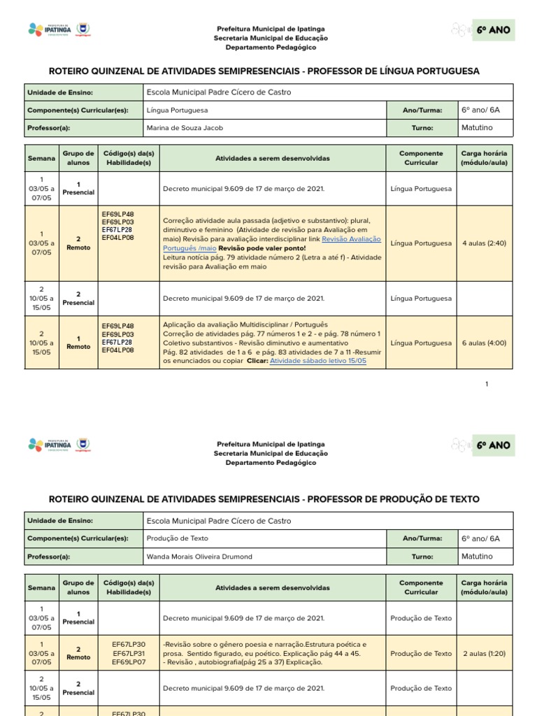 03-05 A 15-05 - Turma 6a - Roteiro de Atividades | Download grátis PDF ...