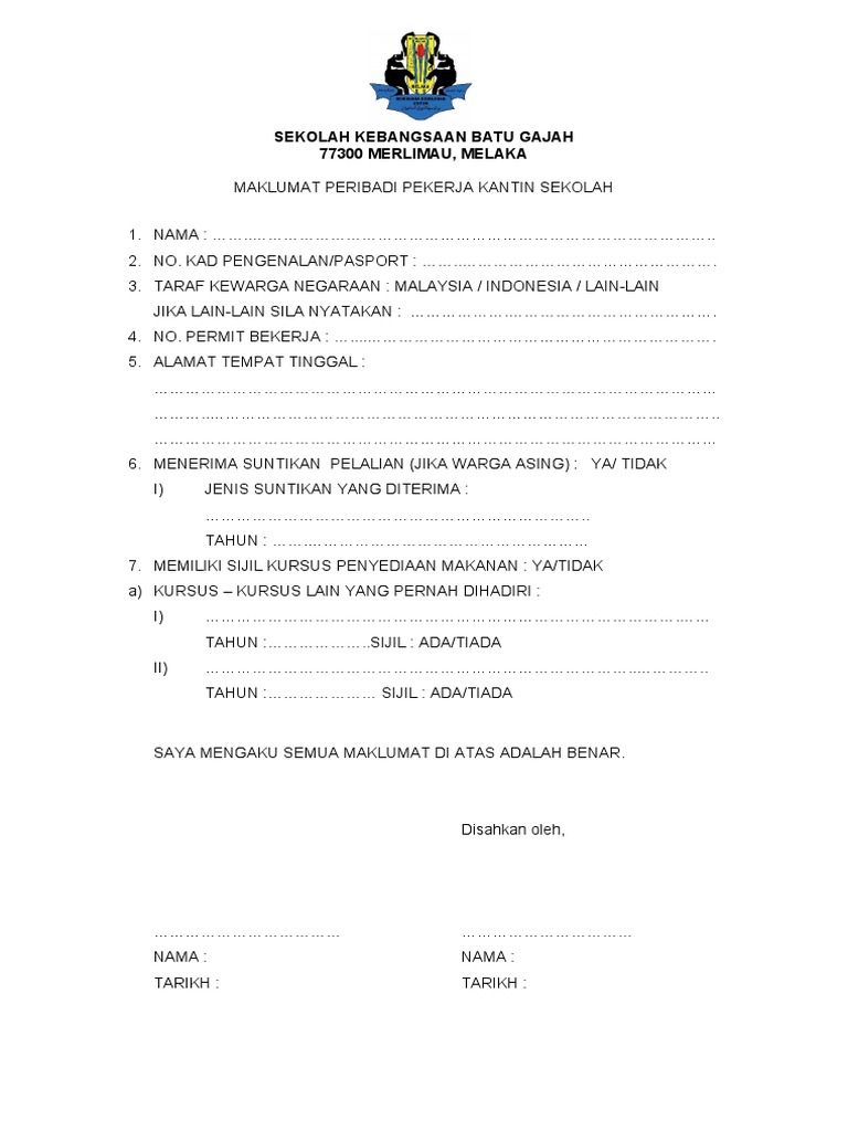 Borang Profil Pengusaha Kantin | PDF