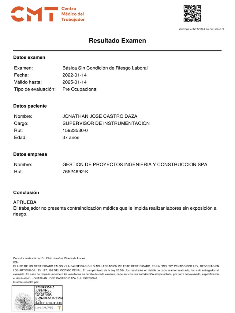Examen Pre Ocupacional Jonathan Castro | PDF | Causas de la muerte ...