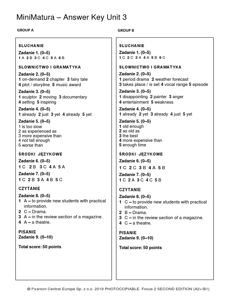 Focus 2 2ed MiniMatura Unit 3 ANSWERS | PDF